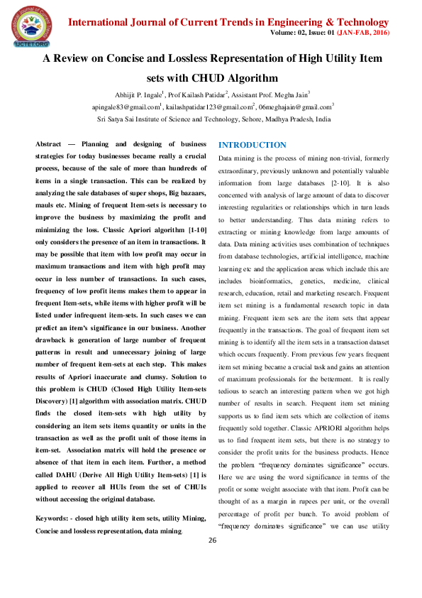 (PDF) A Review on Concise and Lossless Representation of High Utility Item sets with CHUD Algorithm