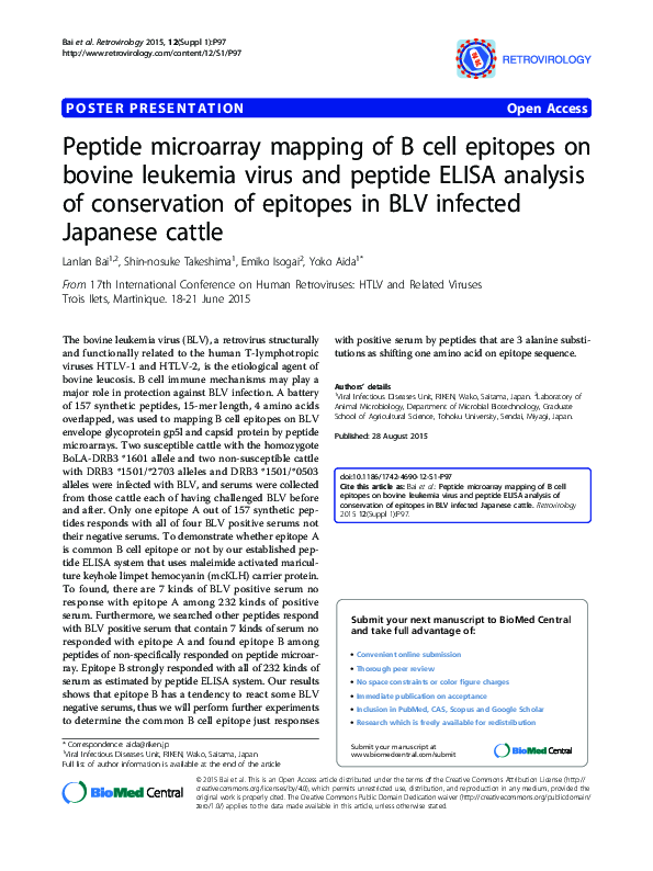(PDF) Peptide microarray mapping of B cell epitopes on bovine leukemia virus and peptide ELISA ...