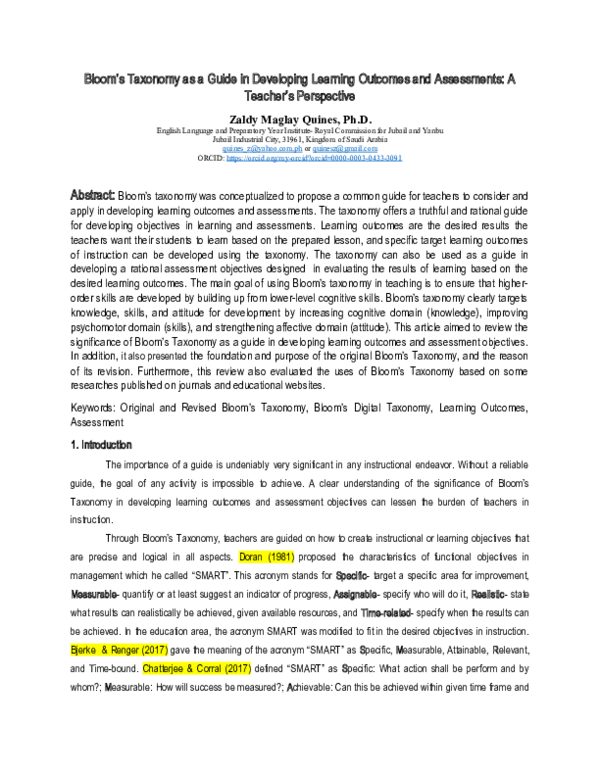 (DOC) Bloom's Taxonomy as a Guide in Developing Learning Outcomes and ...