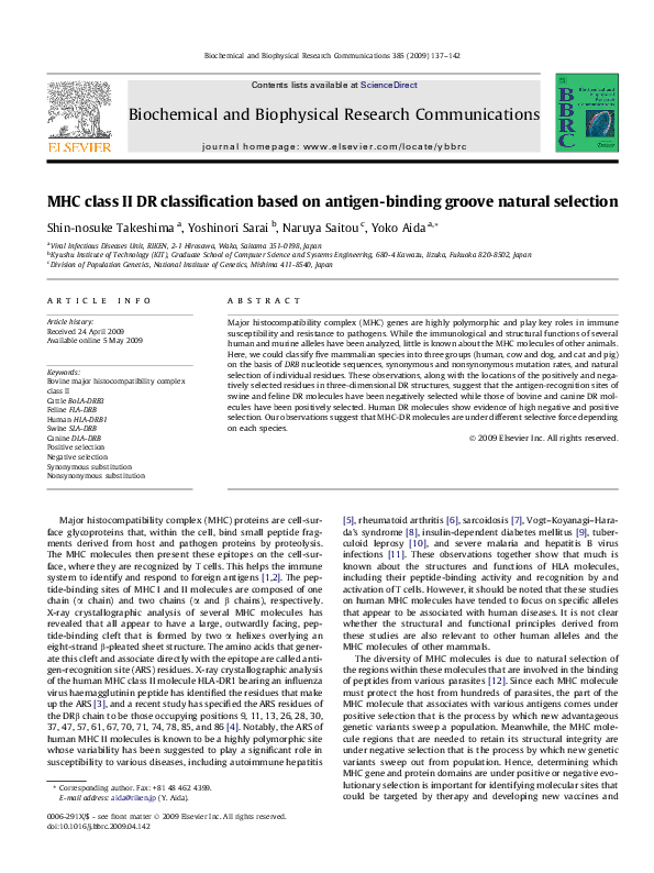(PDF) MHC class II DR classification based on antigen-binding groove natural selection | Shin ...