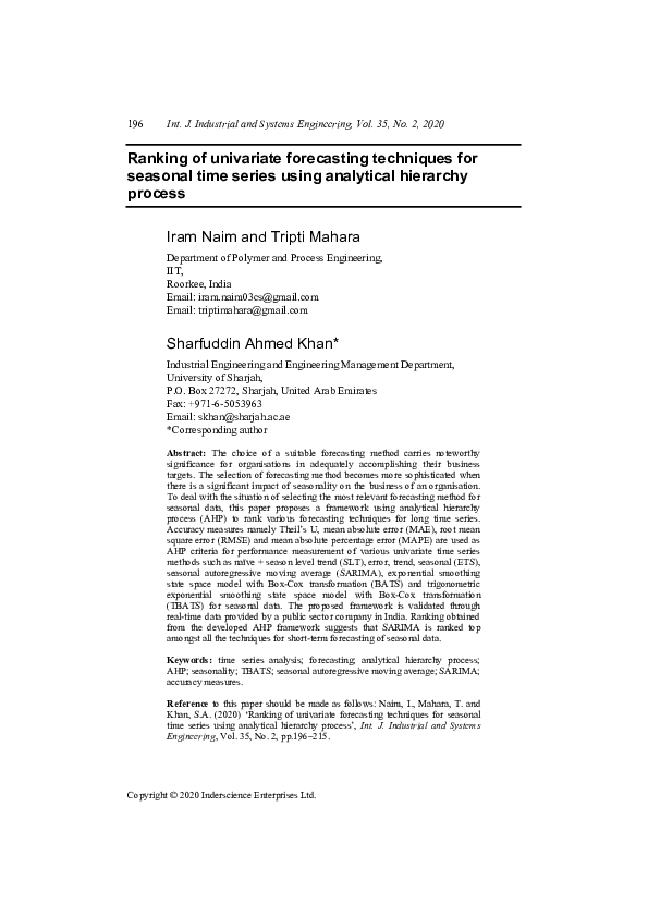 Pdf Ranking Of Univariate Forecasting Techniques For Seasonal Time Series Using Analytical