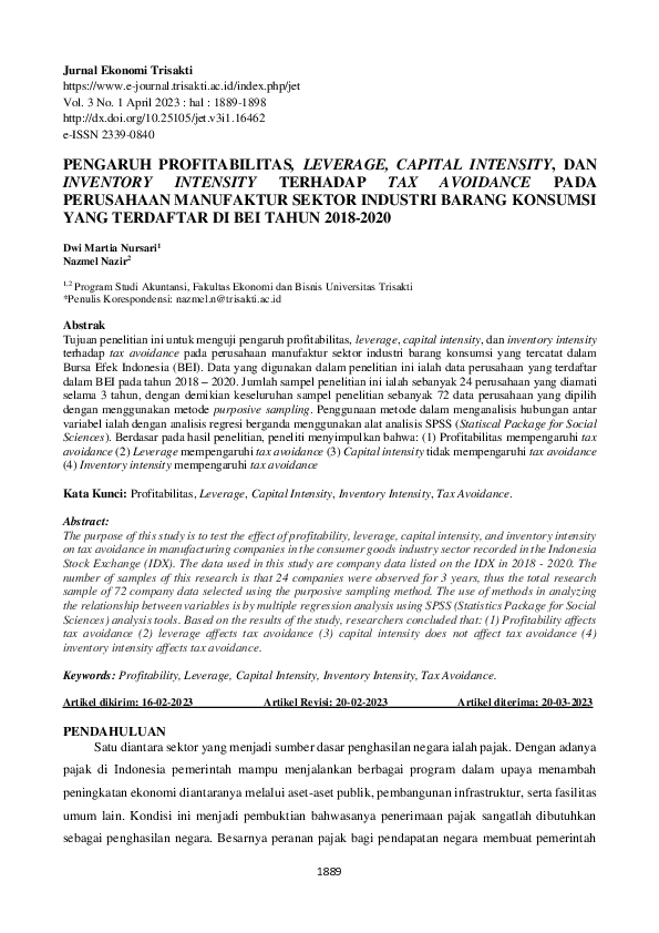 (PDF) Pengaruh Profitabilitas, Leverage, Capital Intensity, Dan Inventory Intensity Terhadap Tax ...