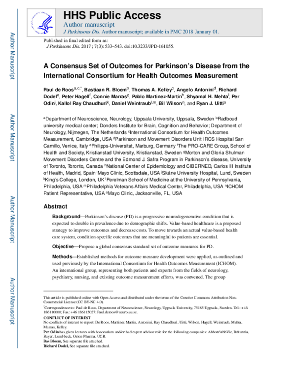 (PDF) A Consensus Set of Outcomes for Parkinson's Disease from the ...