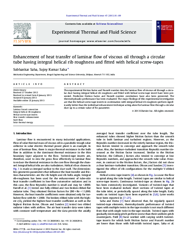 (PDF) Enhancement of heat transfer of laminar flow of viscous oil ...