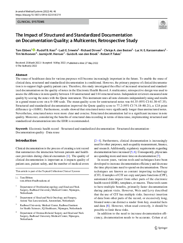 (PDF) The Impact of Structured and Standardized Documentation on Documentation Quality; a ...