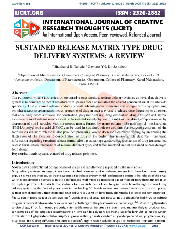 Pdf Sustained Release Matrix Type Drug Delivery Systems A Review