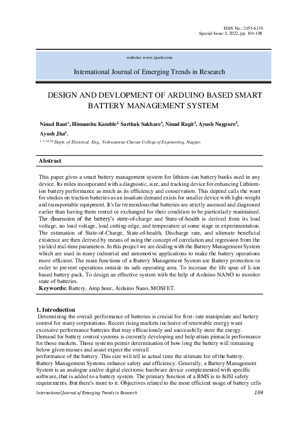 (PDF) DESIGN AND DEVLOPMENT OF ARDUINO BASED SMART BATTERY MANAGEMENT SYSTEM