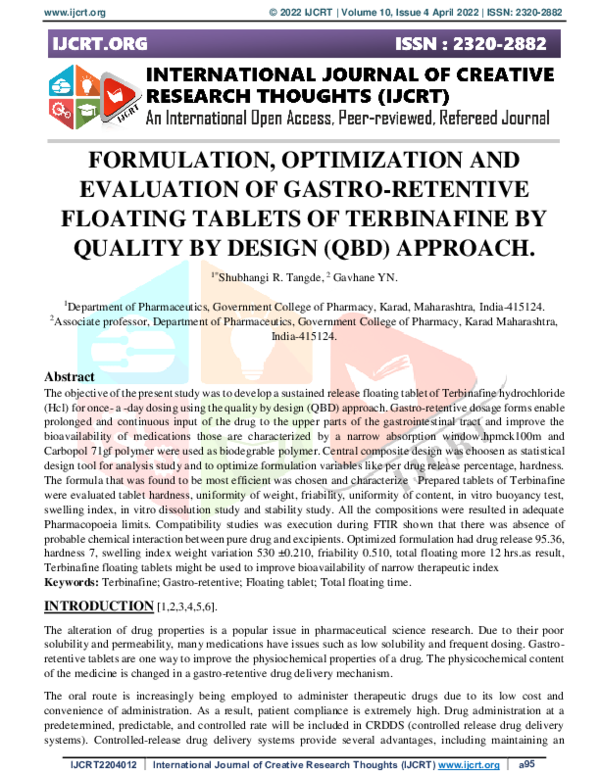 Pdf Formulation Optimization And Evaluation Of Gastro Retentive Floating Tablets Of