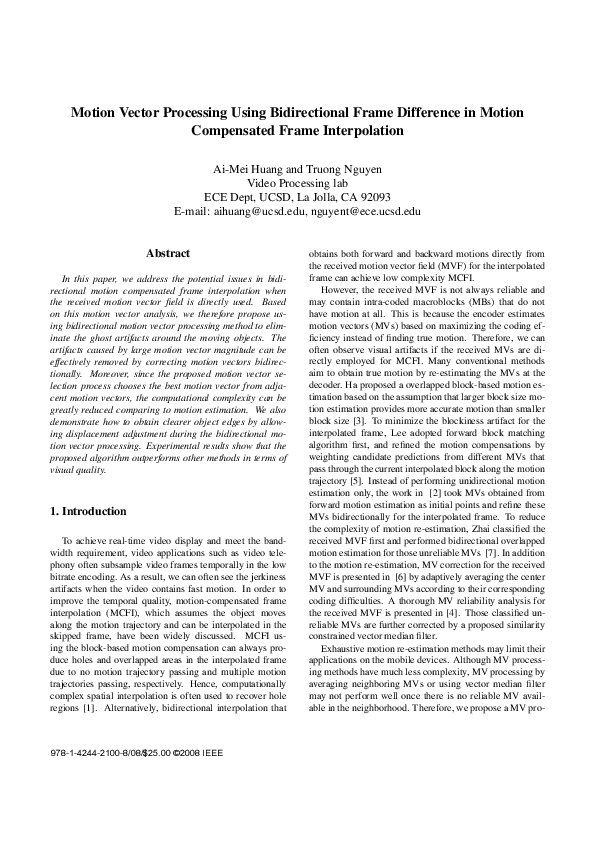 (PDF) Motion vector processing using bidirectional frame difference in motion compensated frame ...