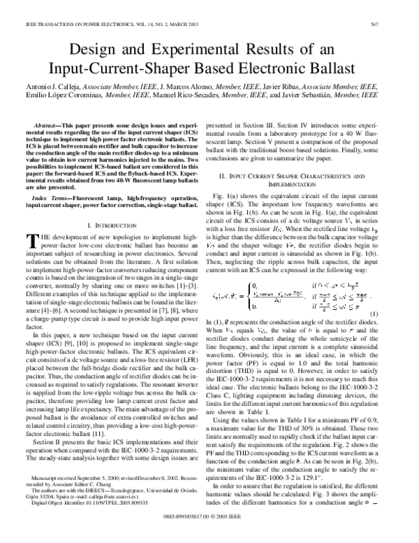 (PDF) Design and experimental results of an input-current-shaper based electronic ballast