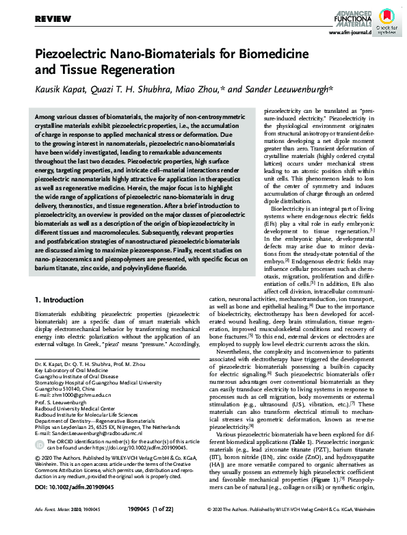 (PDF) Piezoelectric Nano‐Biomaterials for Biomedicine and Tissue Regeneration