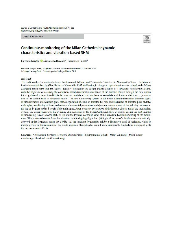 (PDF) Continuous monitoring of the Milan Cathedral: dynamic characteristics and vibration-based SHM