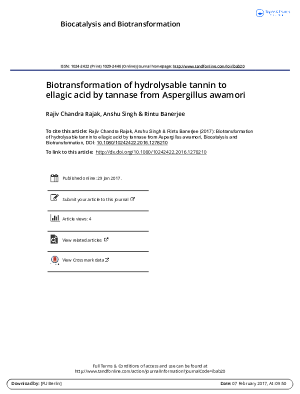 (PDF) Biotransformation of hydrolysable tannin to ellagic acid by tannase from Aspergillus awamori
