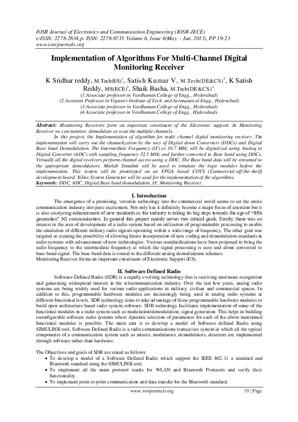 (PDF) Implementation of Algorithms For Multi-Channel Digital Monitoring Receiver