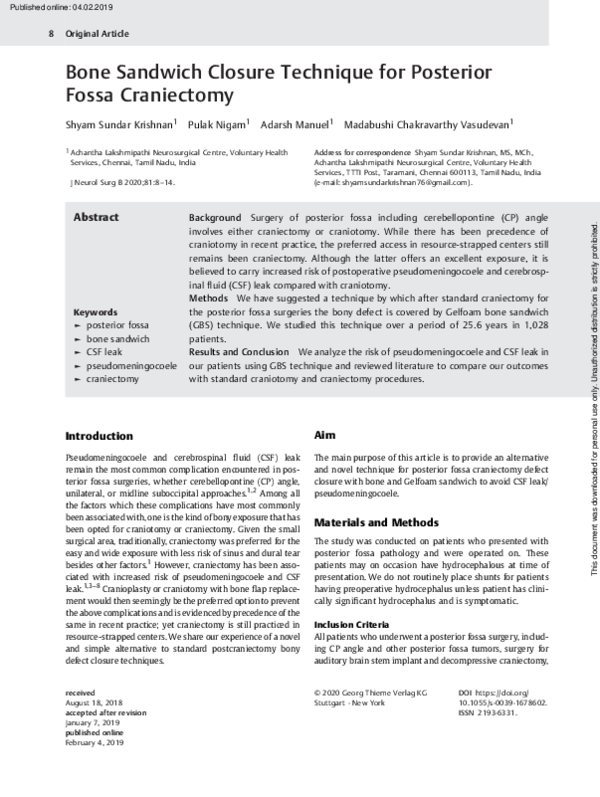 (PDF) Bone Sandwich Closure Technique for Posterior Fossa Craniectomy