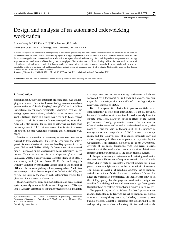 (PDF) Design and analysis of an automated order-picking workstation