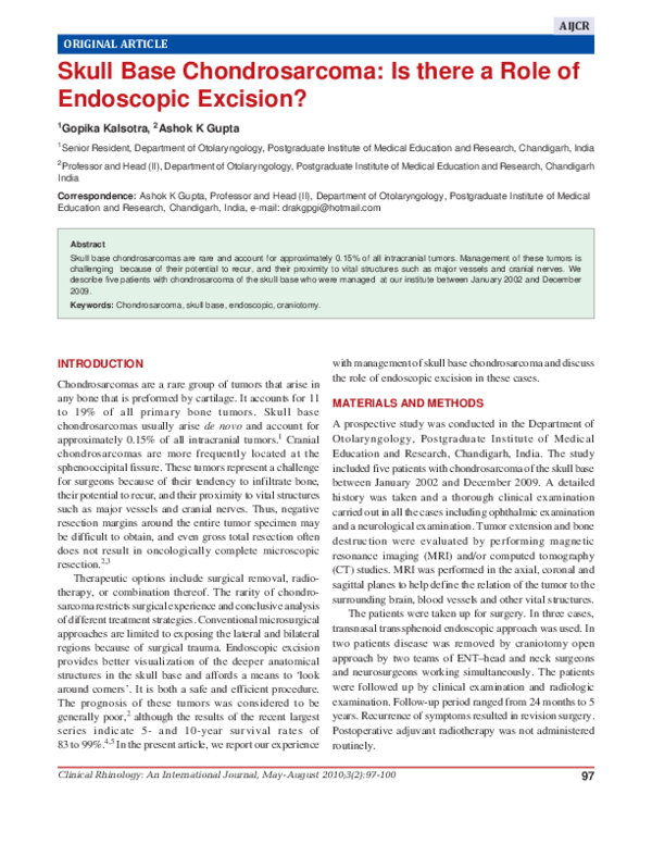 (PDF) Skull Base Chondrosarcoma: Is there a Role of Endoscopic Excision?