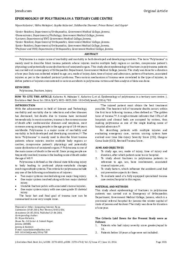 (PDF) Epidemiology of Polytrauma in a Tertiary Care Centre