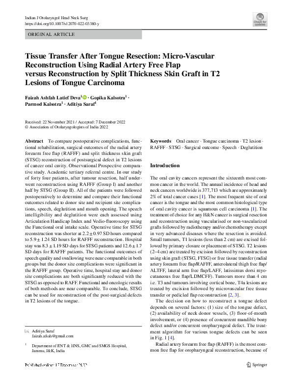(PDF) Tissue Transfer After Tongue Resection: Micro-Vascular ...