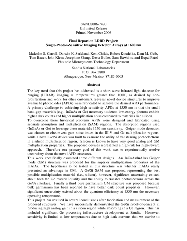 (PDF) Final report on LDRD project : single-photon-sensitive imaging detector arrays at 1600 nm