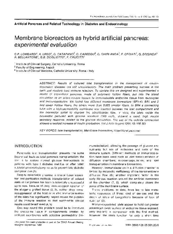 (PDF) Membrane Bioreactors as Hybrid Artificial Pancreas: Experimental ...