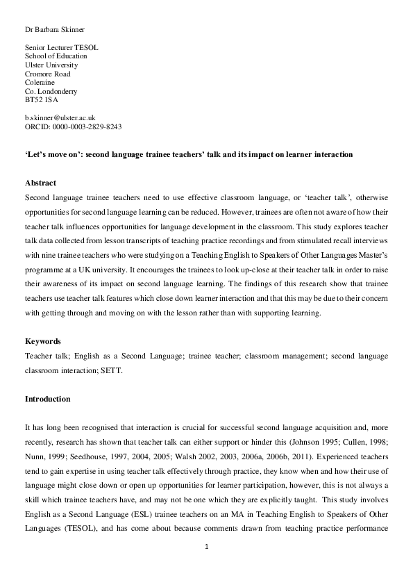 (PDF) ‘Let’s move on’: second language trainee teachers’ talk and its impact on learner interaction