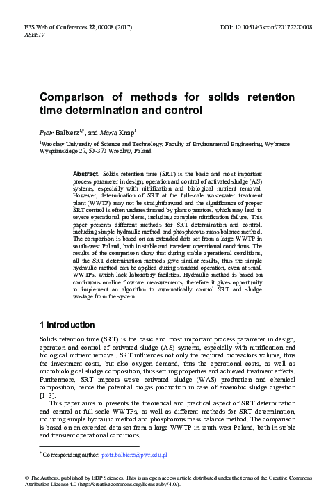 (PDF) Comparison of methods for solids retention time determination and control