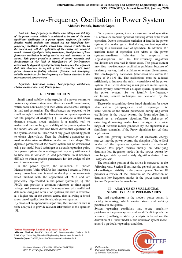 Pdf Low Frequency Oscillation In Power System
