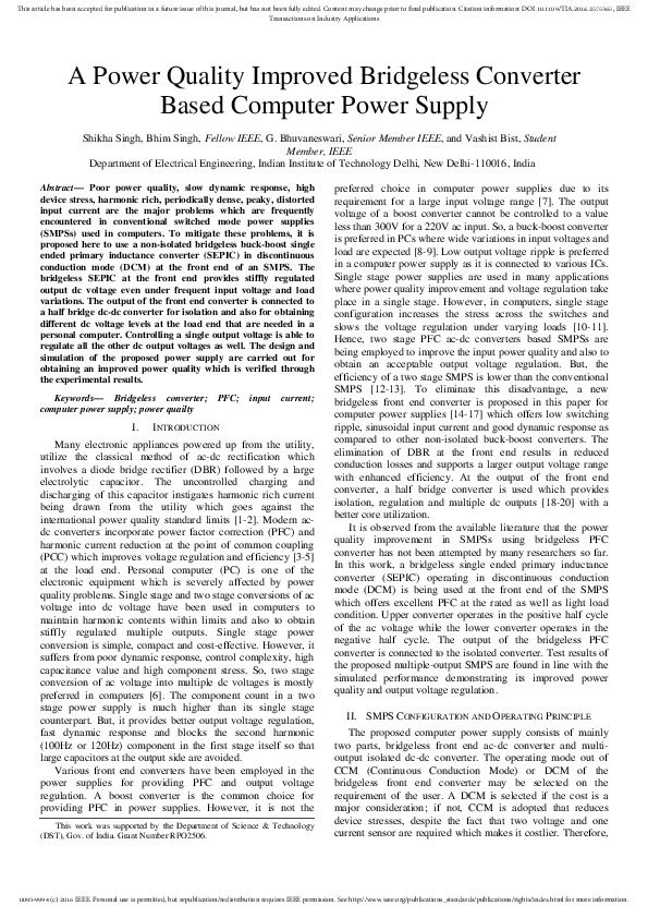 (PDF) Power quality improved bridgeless converter based multiple output SMPS