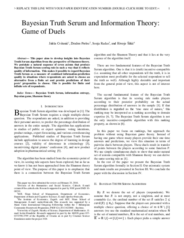 (PDF) Bayesian Truth Serum and Information Theory : Game of Duels