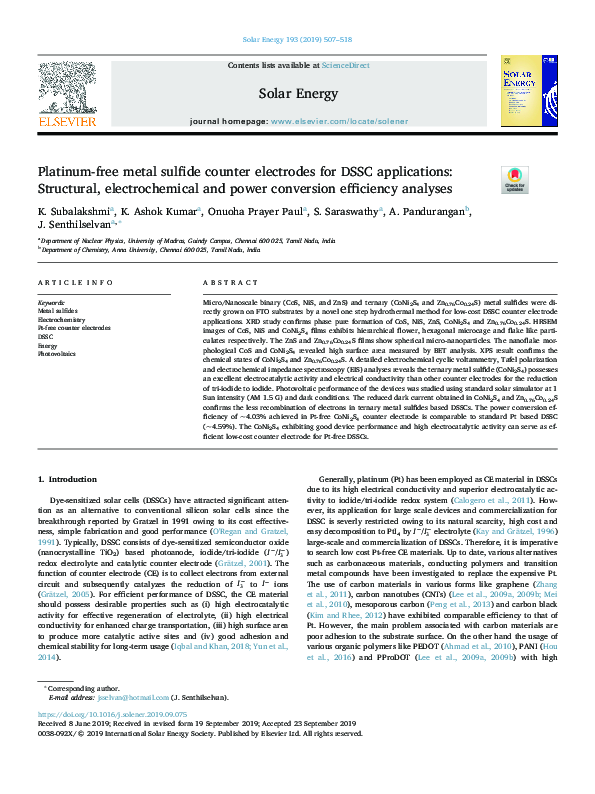 (PDF) Platinum-free metal sulfide counter electrodes for DSSC ...