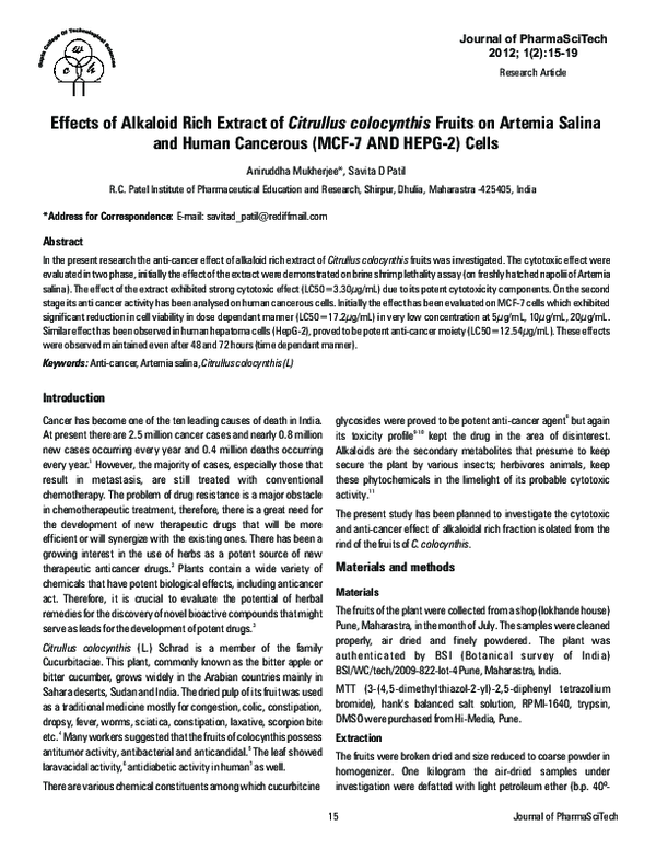 (PDF) Effects of Alkaloid Rich Extract of Citrullus colocynthis Fruits ...