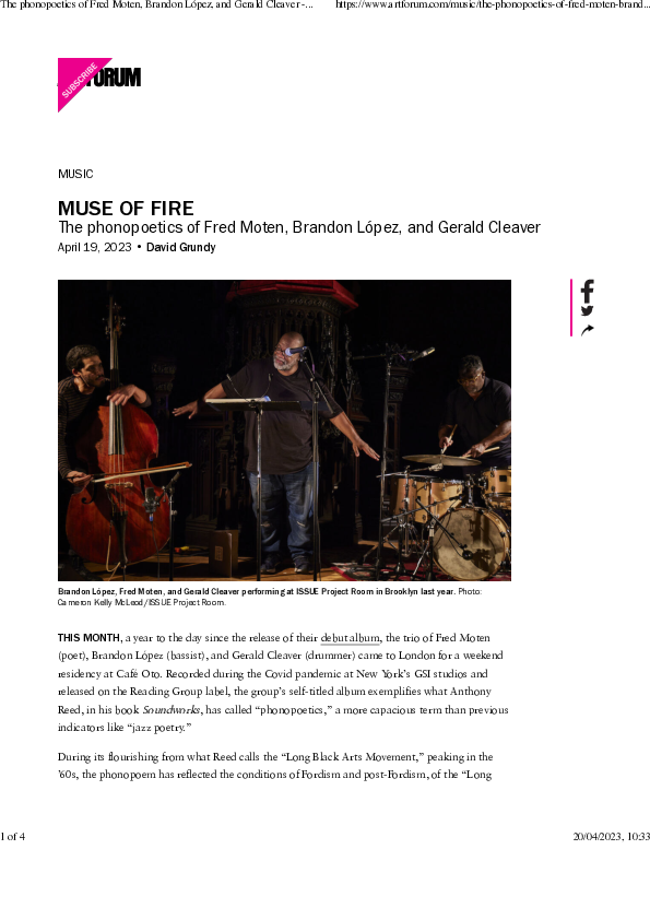 (PDF) Muse of Fire: The phonopoetics of Fred Moten, Brandon López, and ...