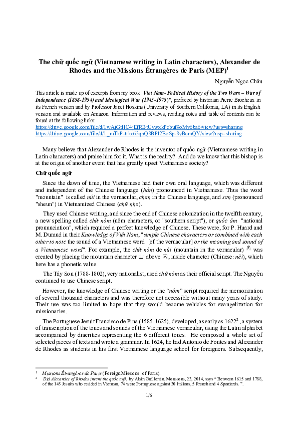 (PDF) The chữ quốc ngữ (Vietnamese writing with Latin characters ...