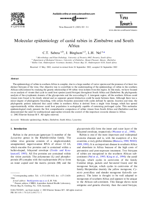 (PDF) Molecular epidemiology of canid rabies in Zimbabwe and South Africa