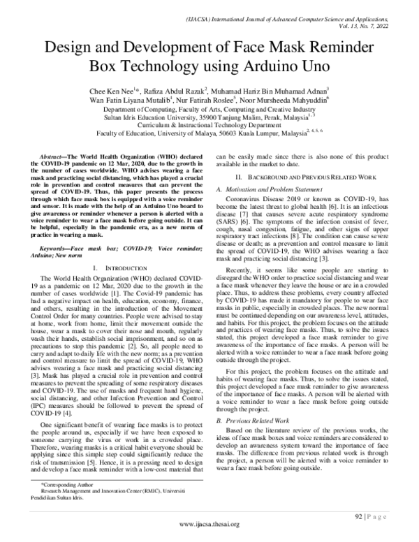Pdf Design And Development Of Face Mask Reminder Box Technology Using Arduino Uno Rafiza