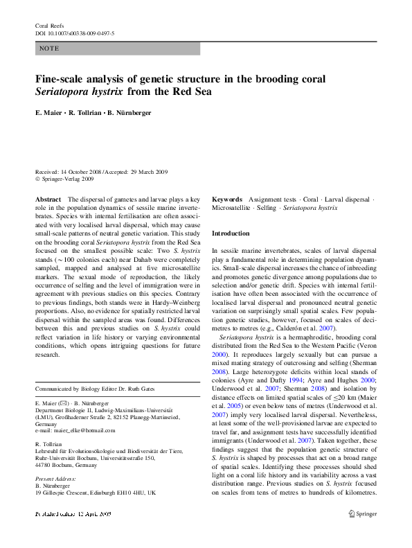 (PDF) Fine-scale analysis of genetic structure in the brooding coral ...