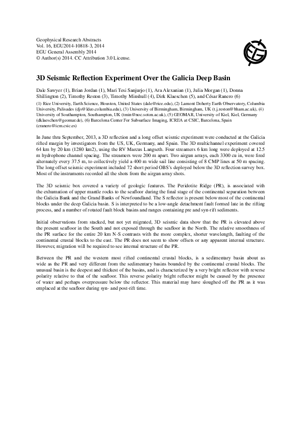 (PDF) 3D Seismic Reflection Experiment Over the Galicia Deep Basin