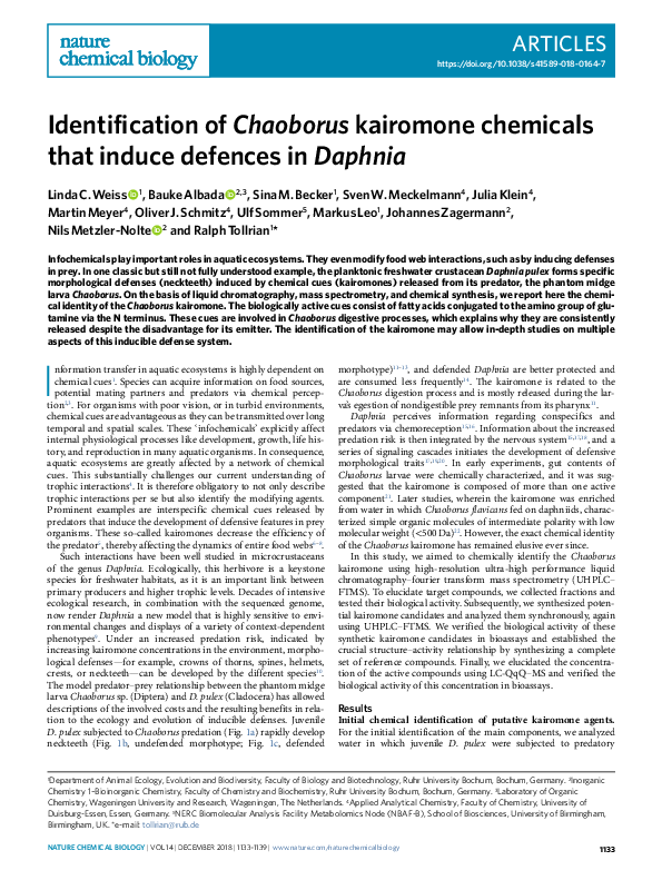(PDF) Identification of Chaoborus kairomone chemicals that induce defences in Daphnia