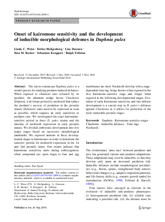 (PDF) Onset of kairomone sensitivity and the development of inducible ...