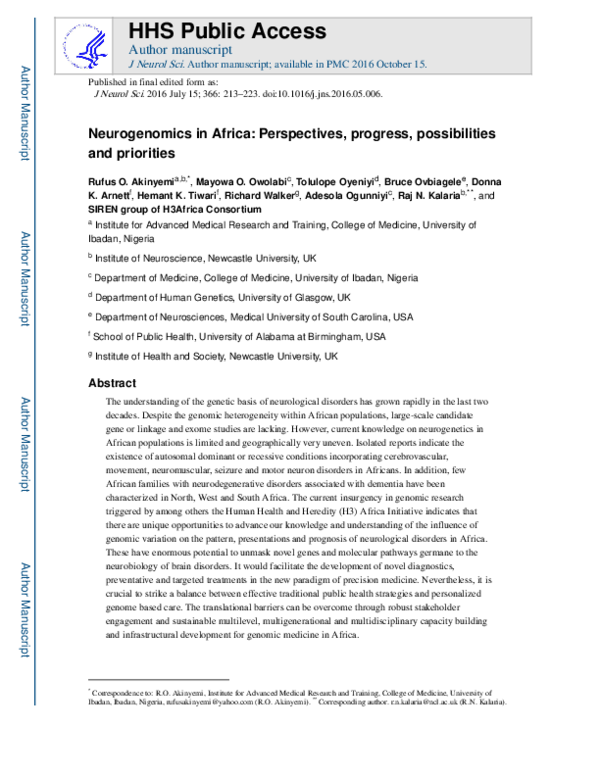 (PDF) Neurogenomics in Africa: Perspectives, progress, possibilities and priorities