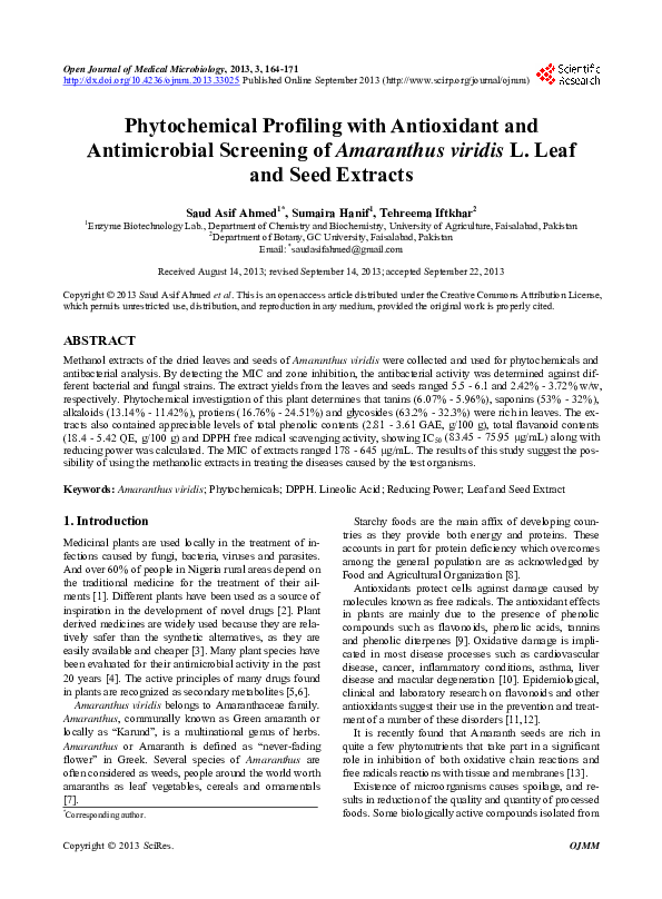 (PDF) Phytochemical Profiling with Antioxidant and Antimicrobial Screening of Amaranthus viridis ...