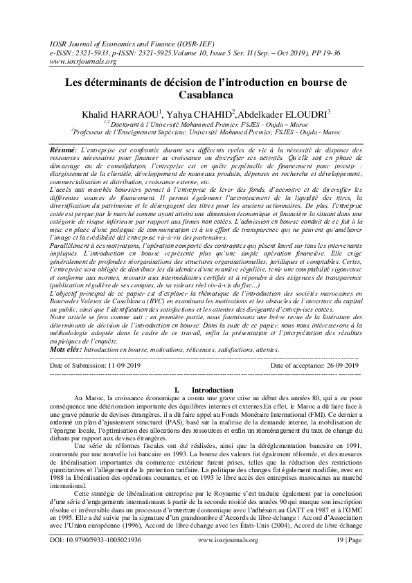 (PDF) Les déterminants de décision de l'introduction en bourse de ...