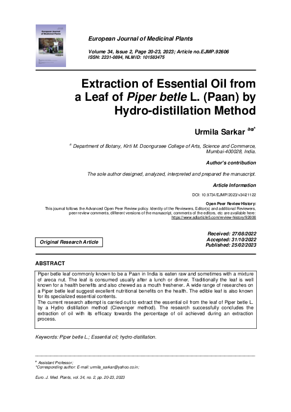 (PDF) Extraction of Essential Oil from a Leaf of Piper betle L. (Paan ...