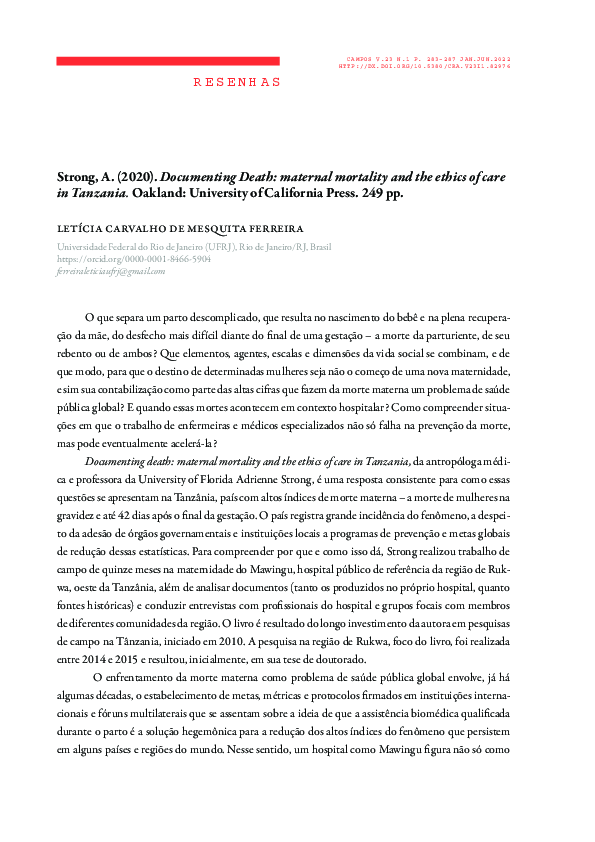 (PDF) STRONG, Adrienne. Documenting Death: maternal mortality and the ...