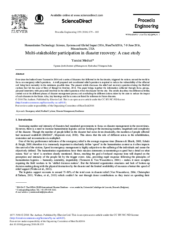 (PDF) Multi-stakeholder Participation in Disaster Recovery: A Case Study