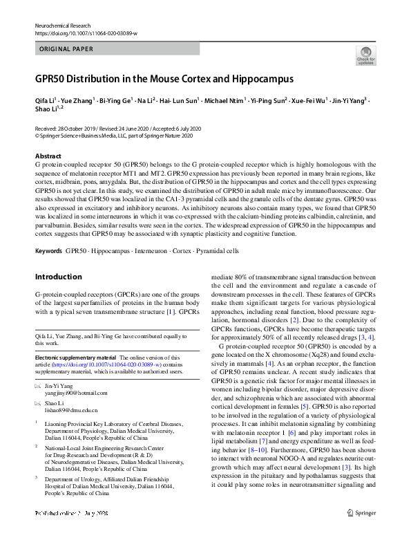 (PDF) GPR50 Distribution in the Mouse Cortex and Hippocampus