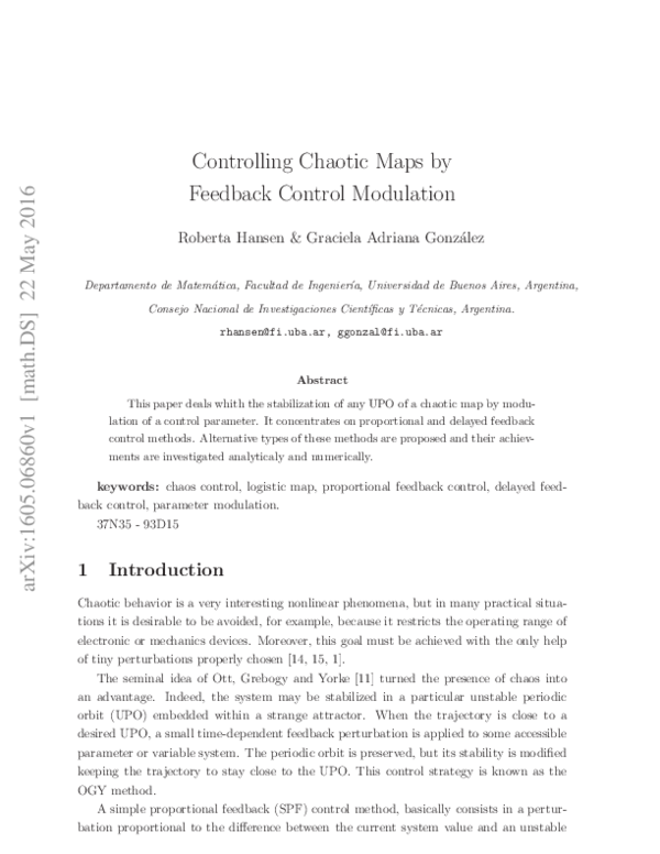 (PDF) Controlling Chaotic Maps by Feedback Control Modulation | Graciela González - Academia.edu