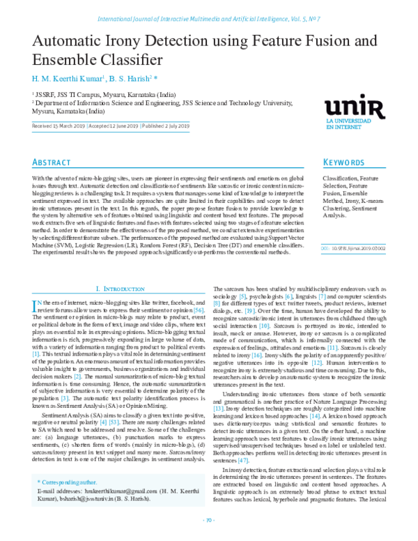 (PDF) Automatic Irony Detection using Feature Fusion and Ensemble ... (PDF) Automatic Irony Detection using Feature Fusion and Ensemble ...