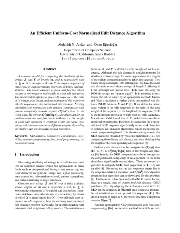 (PDF) An efficient uniform-cost normalized edit distance algorithm